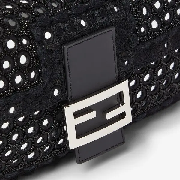 Fendi Baguette® 26424 Re Edition Bag With Black Embroidery And Mirrors